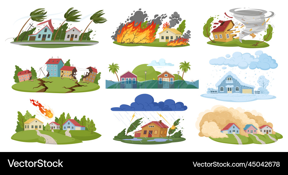 Natural disasters cartoon damage catastrophe Vector Image
