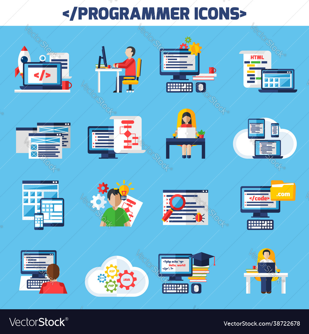 Programmer flat color decorative icons set Vector Image