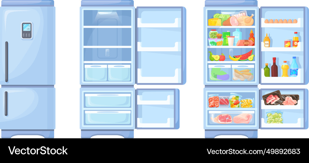 Open and closed refrigerator opening fridge door Vector Image