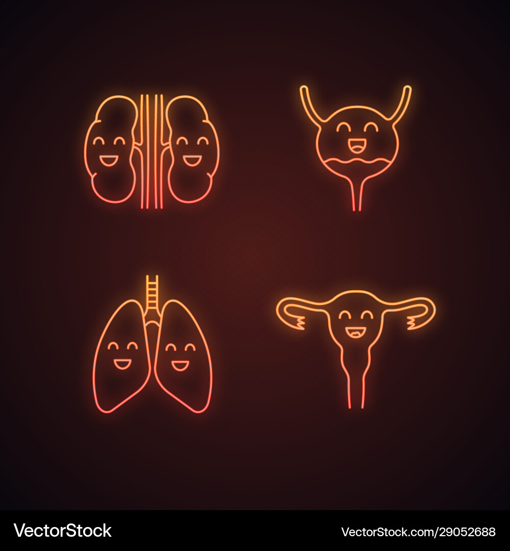 Smiling human internal organs neon light icons set