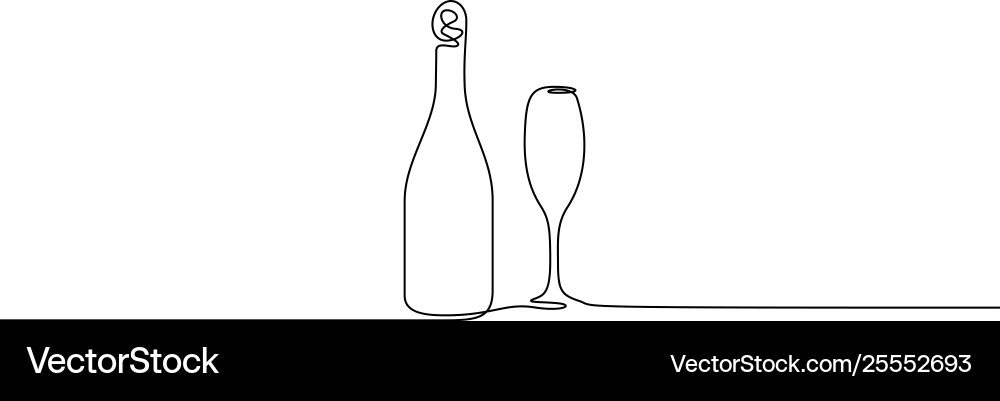 Continuous line drawing champagne with a wineglass