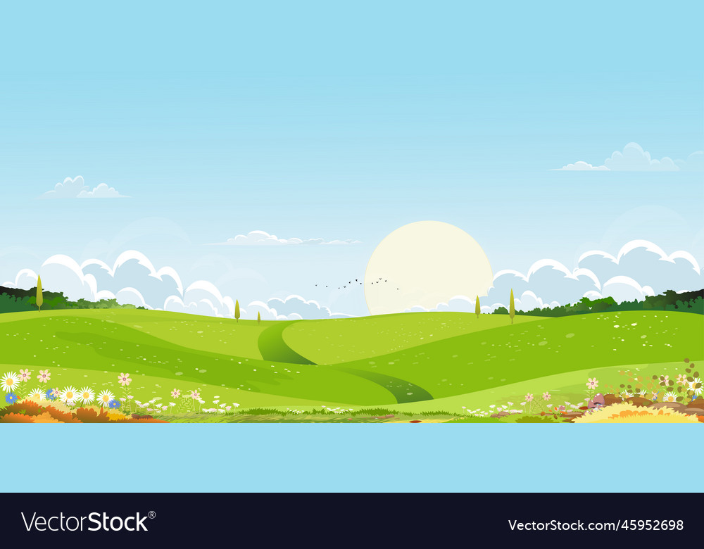 Spring green fields landscape with mountainblue Vector Image Spring green fields landscape with mountainblue Vector Image