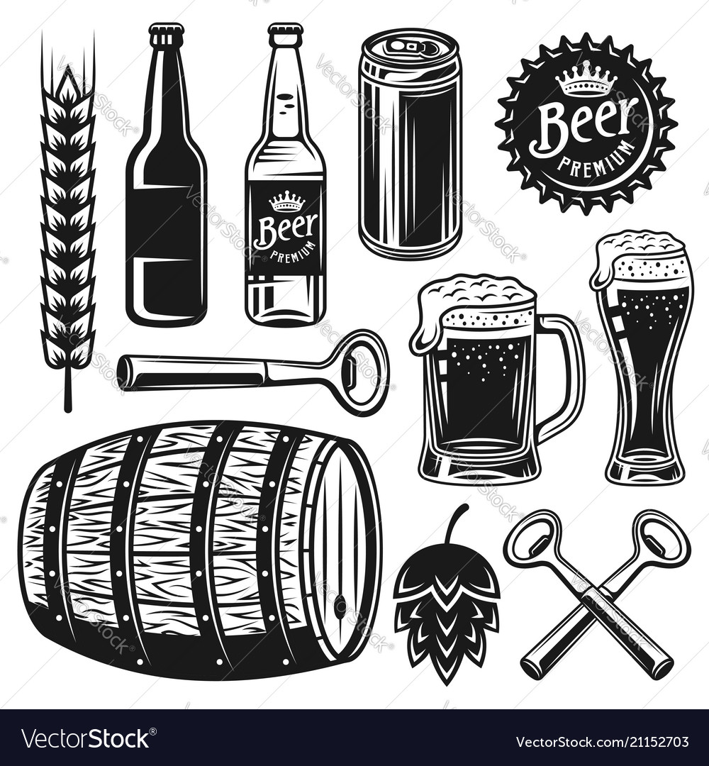 Beer and brewery set black objects Royalty Free Vector Image