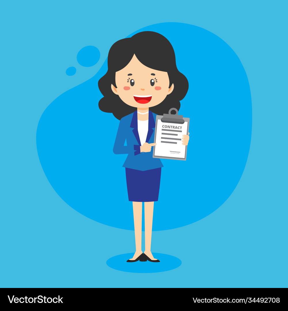 Business woman character holding contract document