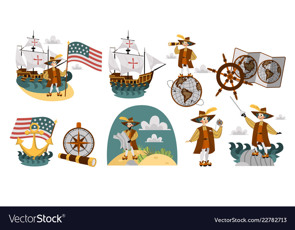 Columbus day set with ship map helm compass Vector Image