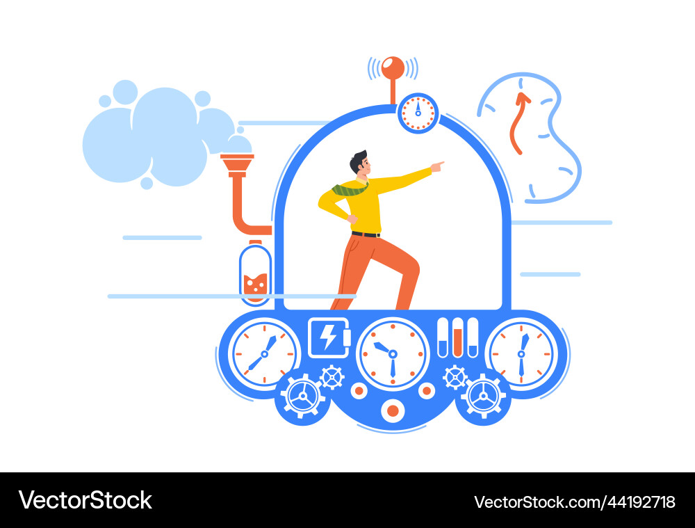 Business character flying in time machine pointing