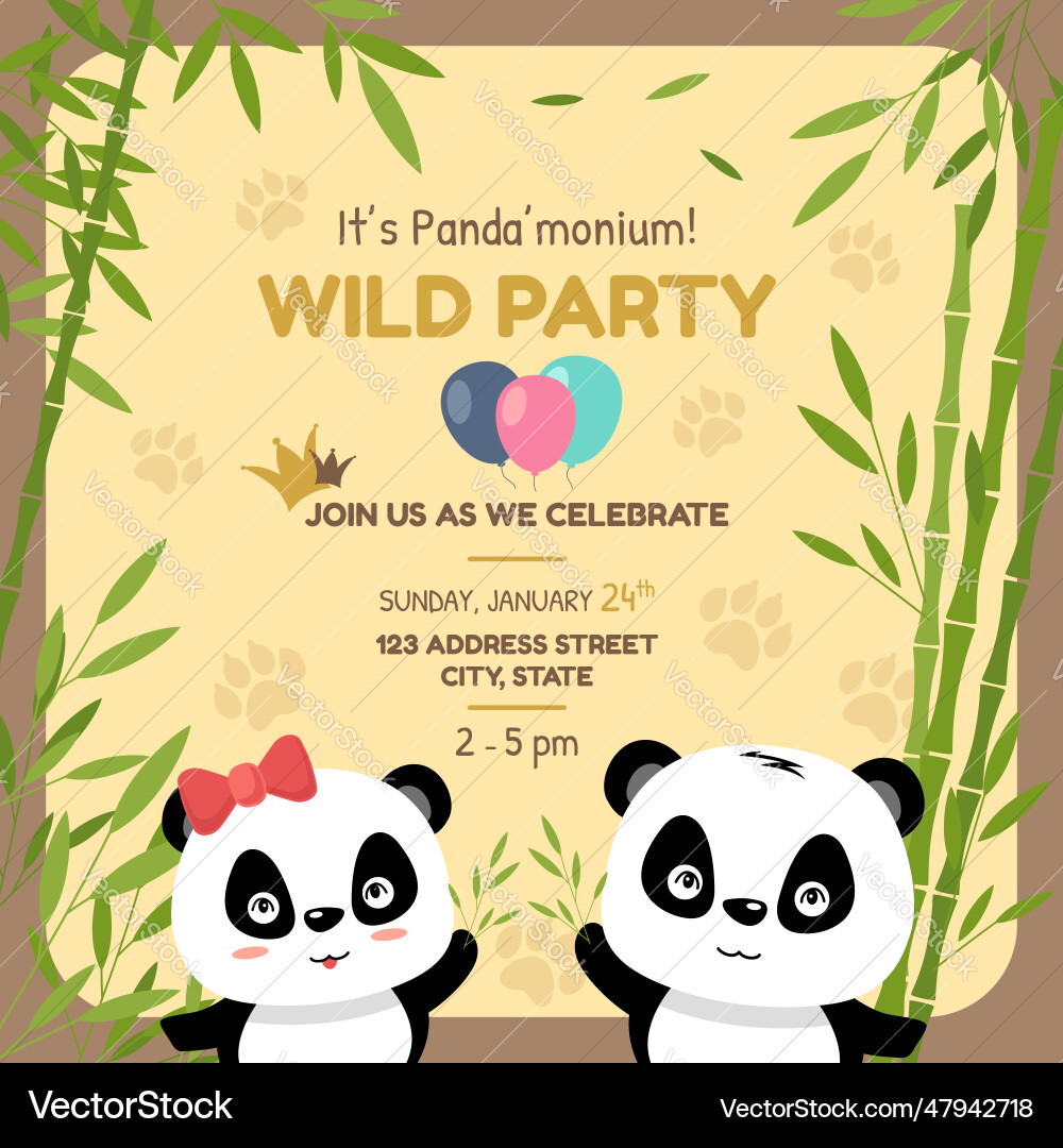 Panda themed party invitation card Royalty Free Vector Image