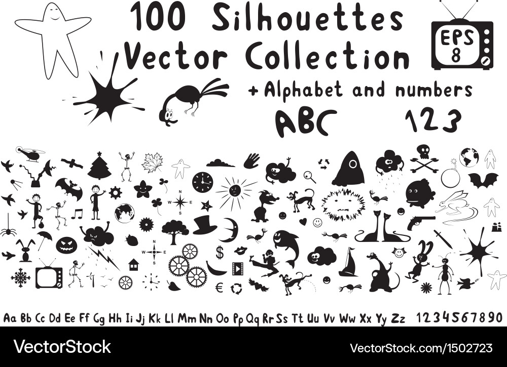 100 funny cartoon silhouettes Royalty Free Vector Image