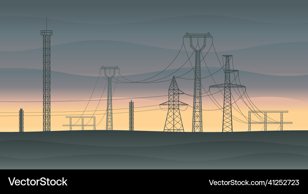 Evening landscape with powerlines at sunset Vector Image