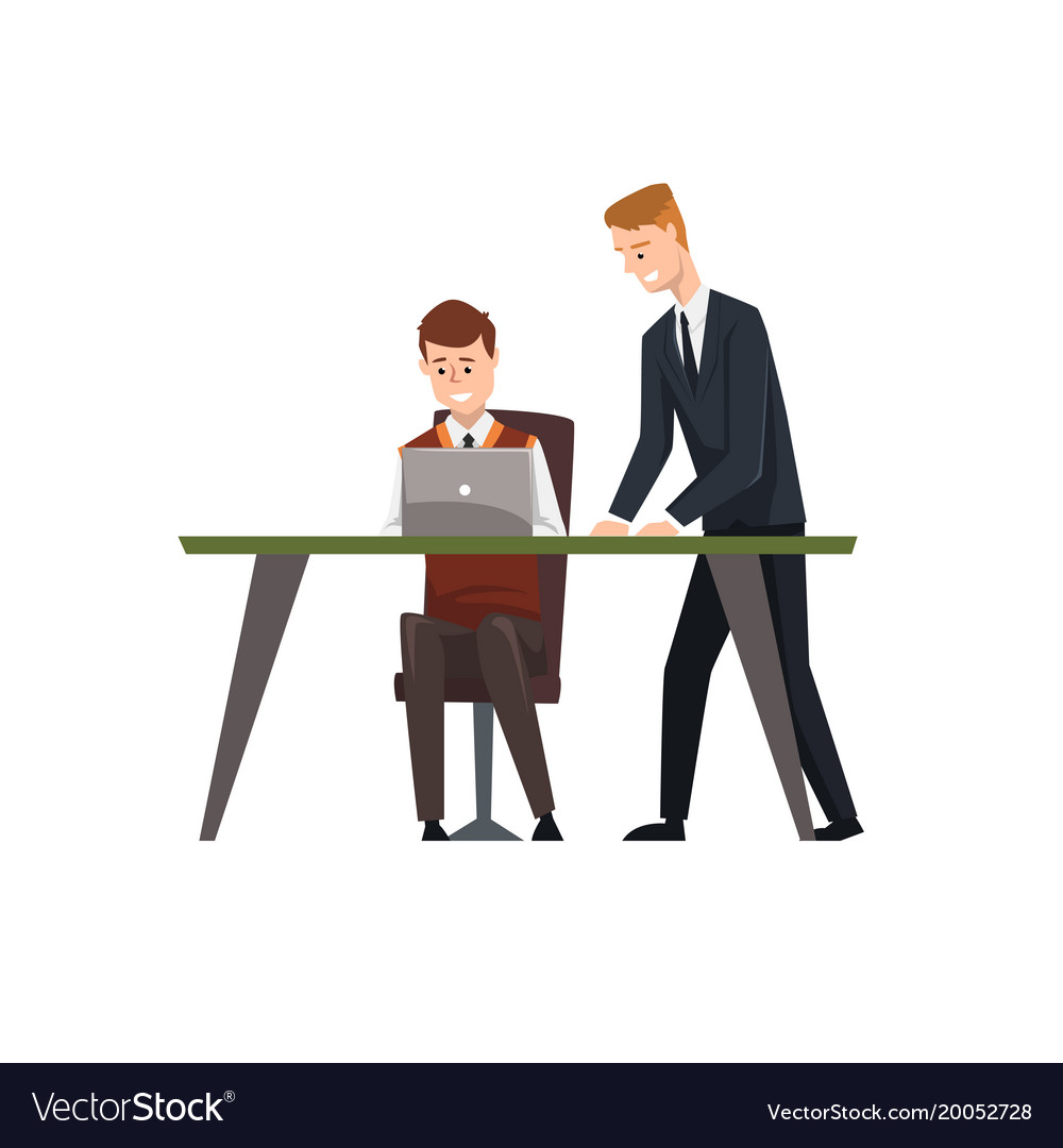 Man sitting at desk working on laptop computer Vector Image