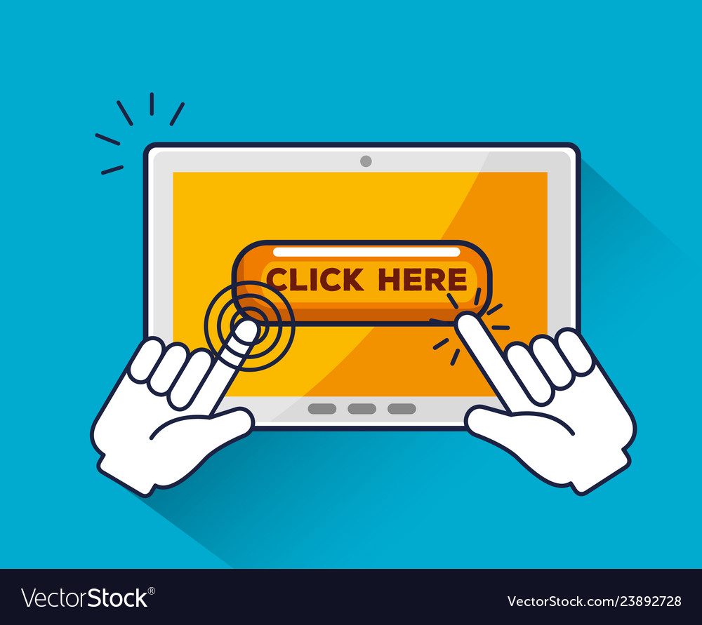Tablet with pointer hand pixel cursor Royalty Free Vector