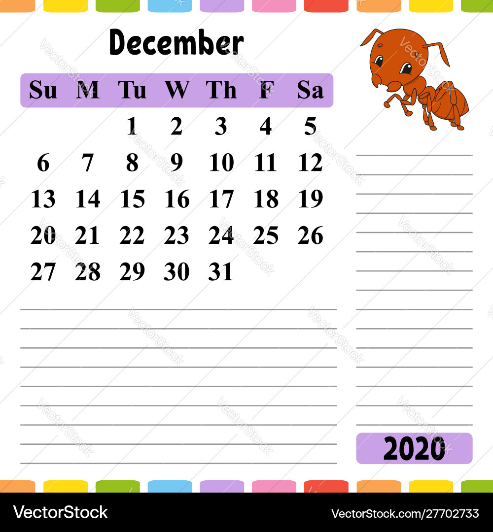 Calendar for 2020 with a cute character fun Vector Image