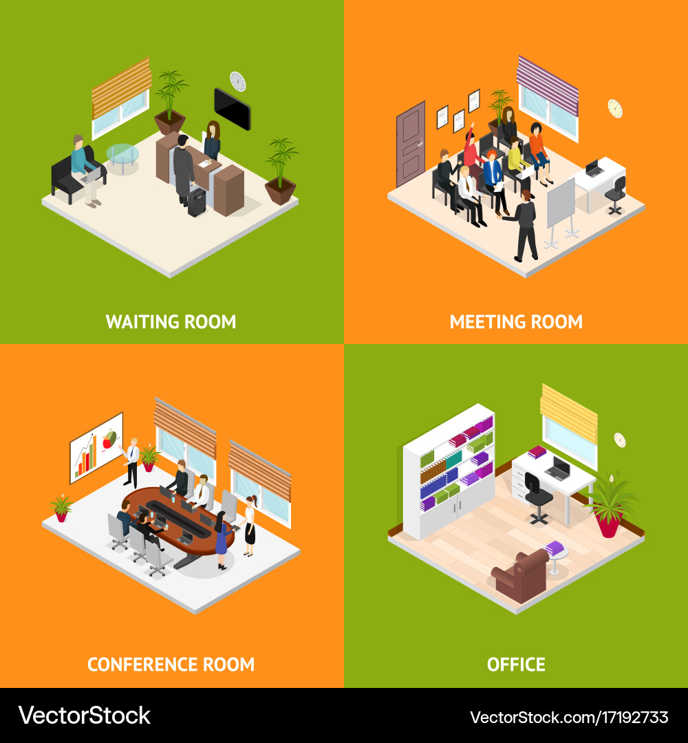 Interior office room poster card set isometric Vector Image