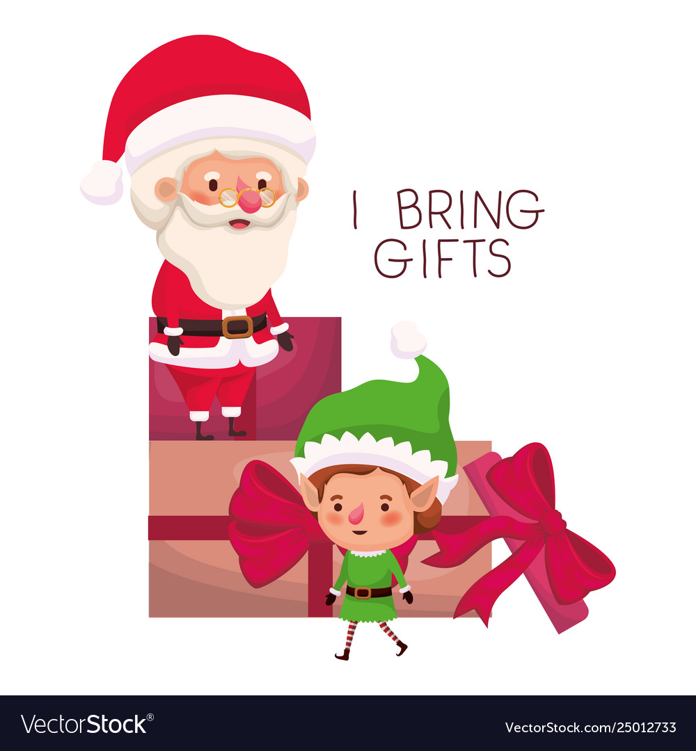 Santa claus and elf with gifts boxs Royalty Free Vector