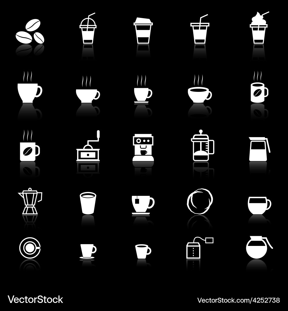 Coffee icons with reflect on black background Vector Image