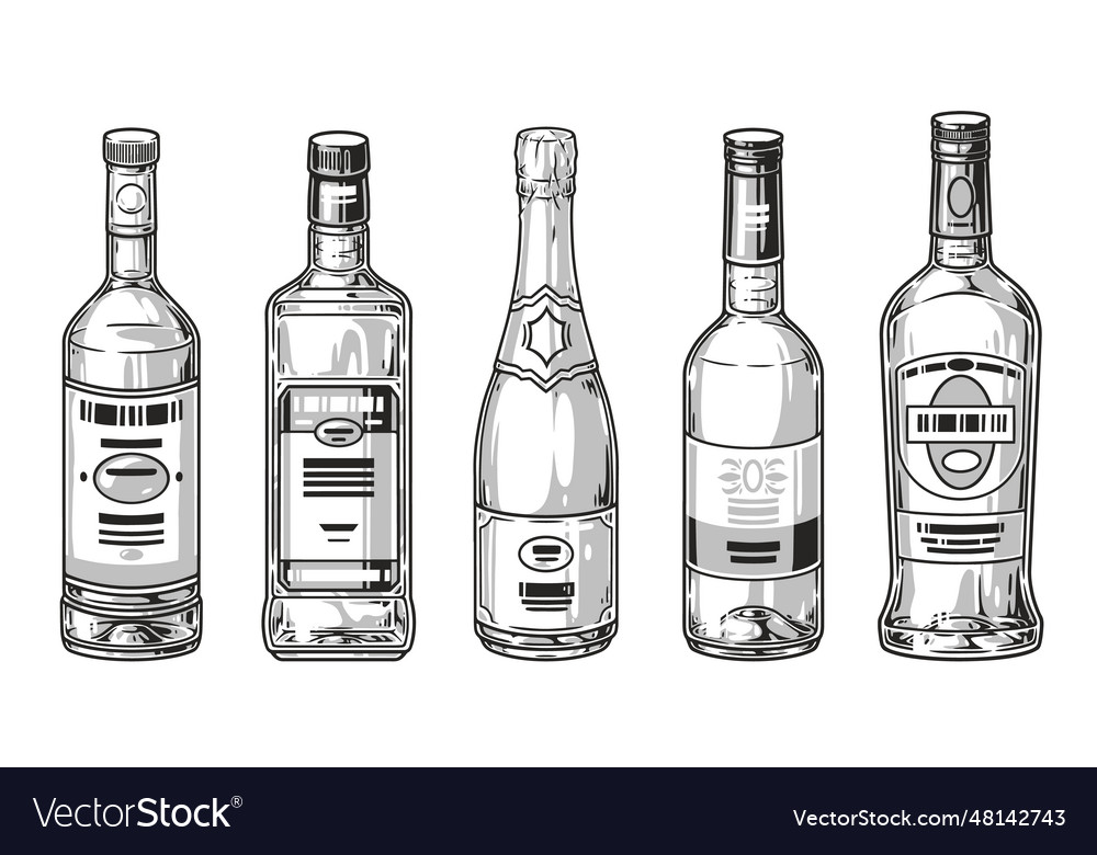 Alcohol bottles monochrome set sticker Royalty Free Vector Alcohol bottles monochrome set sticker Royalty Free Vector