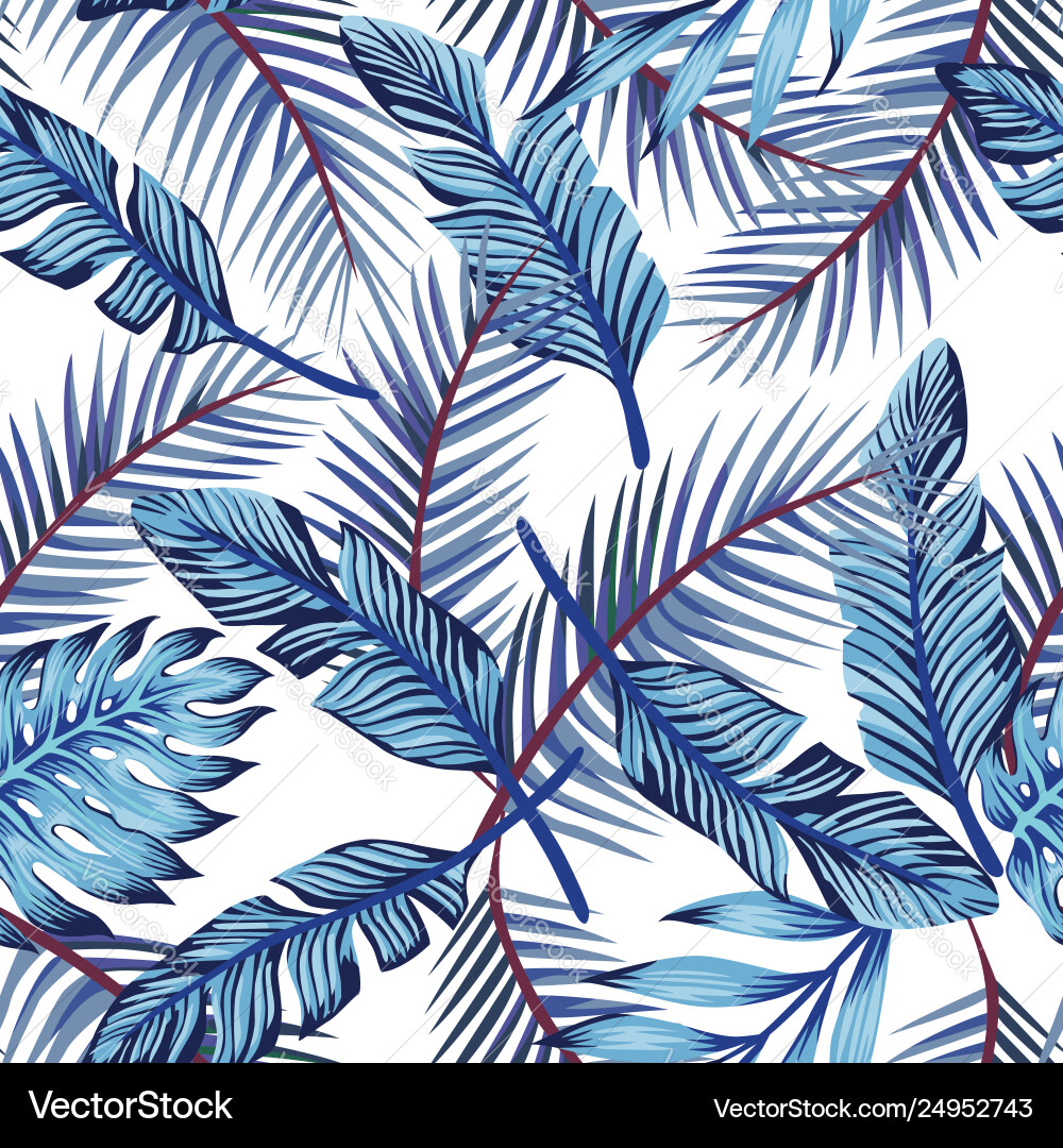 Blue exotic leaves seamless white background Vector Image