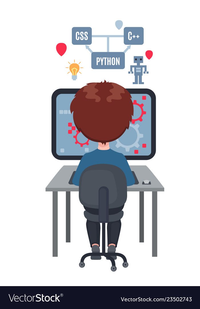 Boy learning coding on laptop isolated white Vector Image