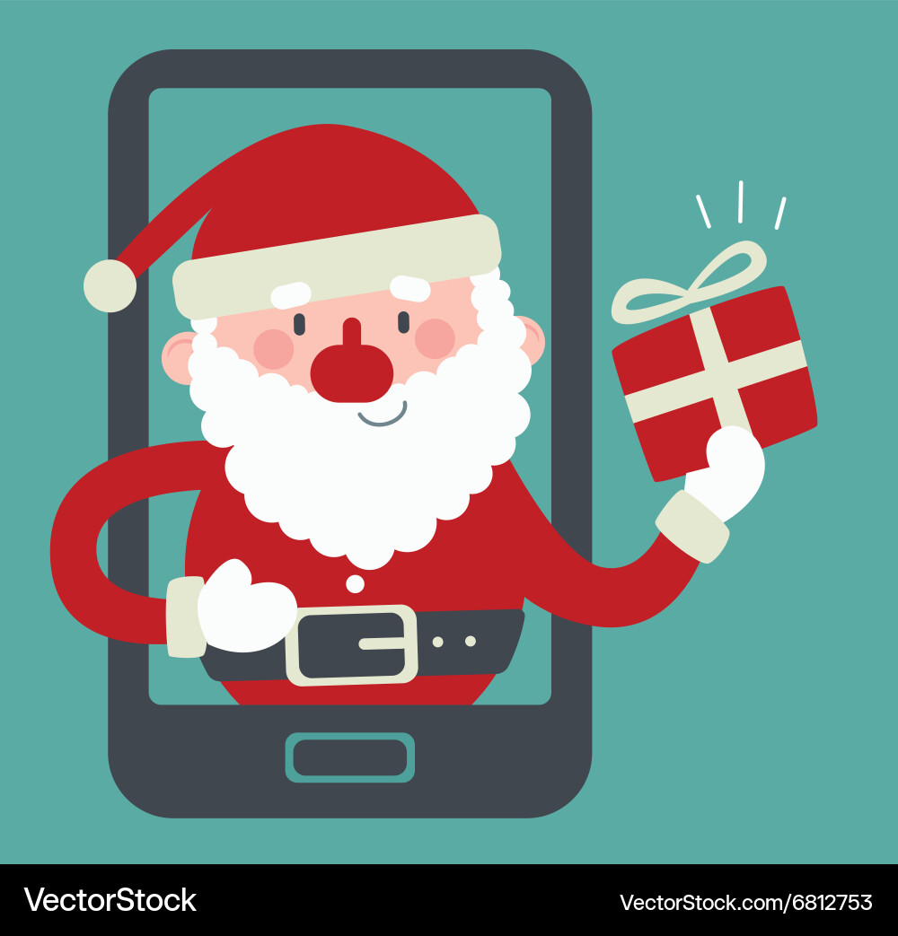 Cute santa inside a phone holding a present Vector Image