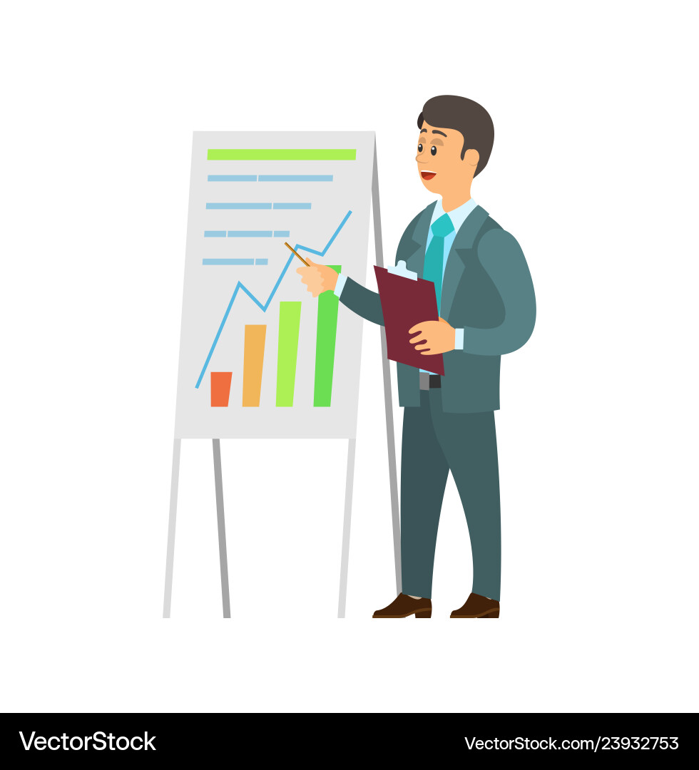 Man making report near board with graphs and chart