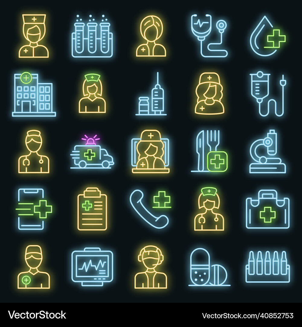 Nurse icons set neon Royalty Free Vector Image