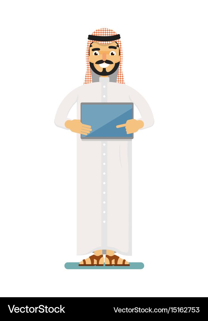 Smiling muslim businessman with tablet computer Vector Image