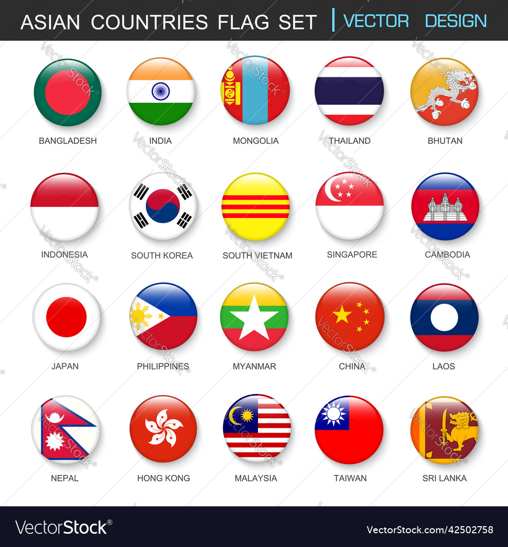 Asian countries flags set and members in botton Vector Image