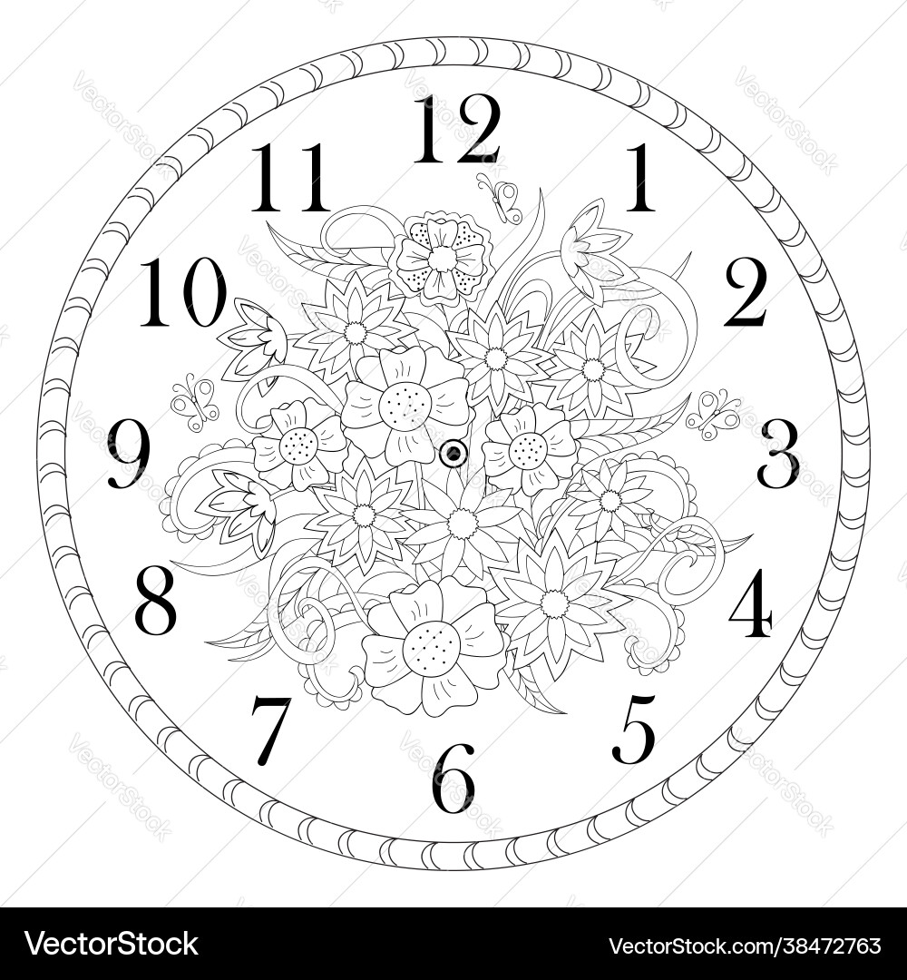 Clock face decorated with doodle flowers on white Vector Image