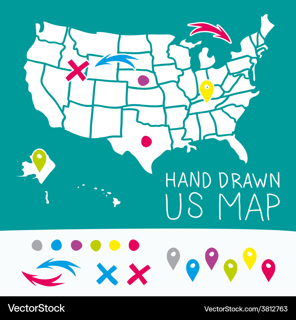 Hand drawn us map whit map pins Royalty Free Vector Image