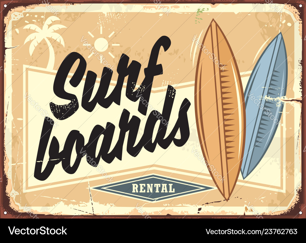 Surfboards rental retro beach sign layout Vector Image