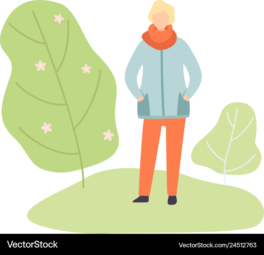 Young man wearing warm clothes walking in spring Vector Image