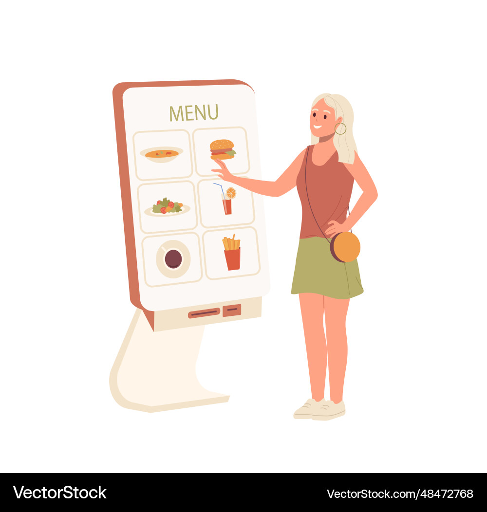 Woman using fastfood restaurant self-service Vector Image