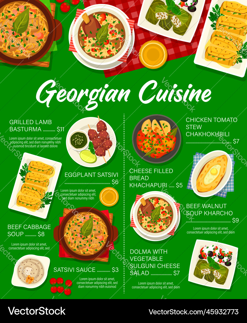 Georgian cuisine meals menu template Royalty Free Vector