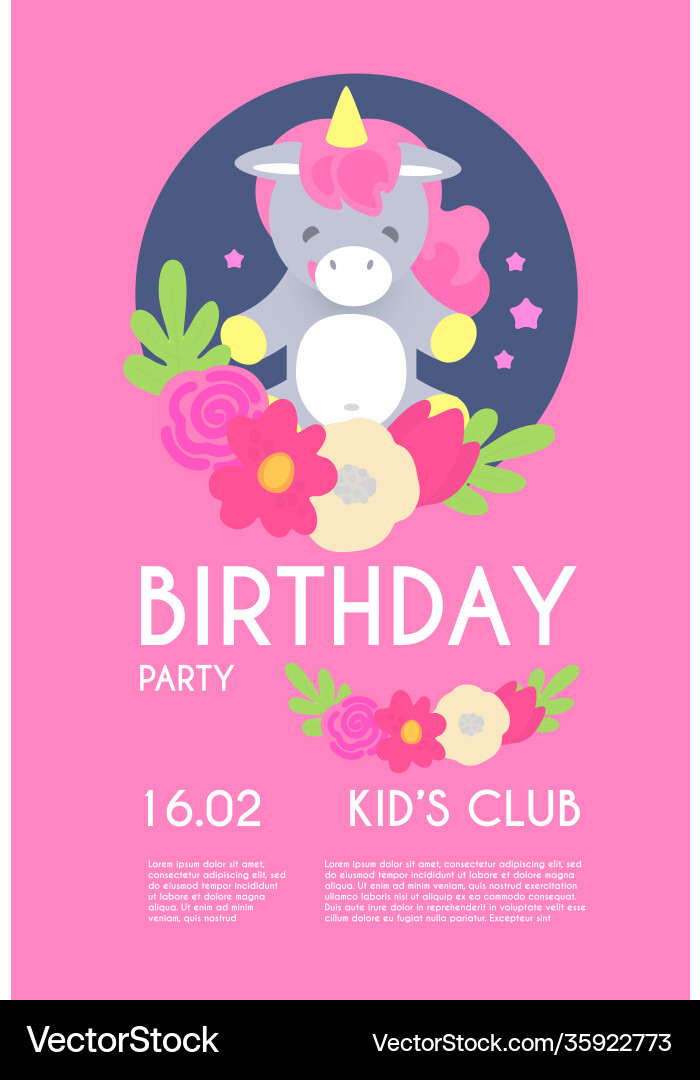 Kid birthday flyer template cute unicorn Vector Image