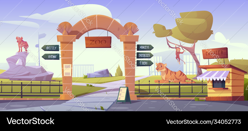 Zoo gates with pointers to wild animals cages Vector Image