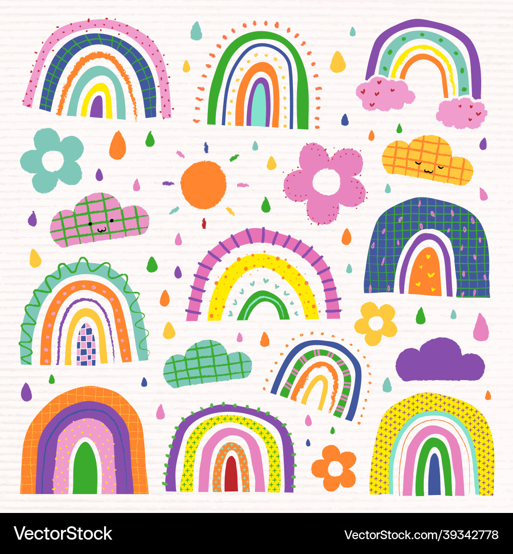 Colorful rainbow in funky doodle style set Vector Image
