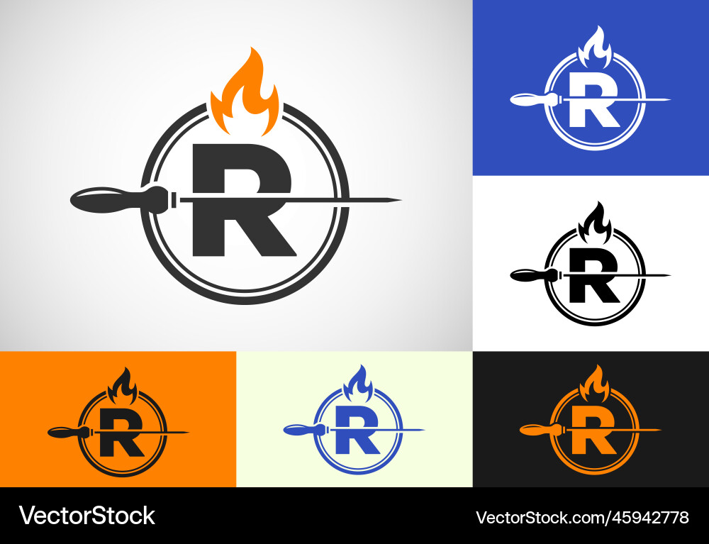 Initial r letter alphabet with a skewer and fire Vector Image