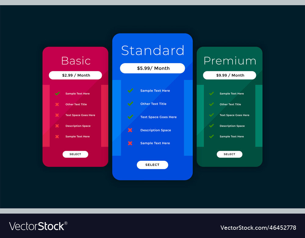 Website pricing table comparison chart template Vector Image