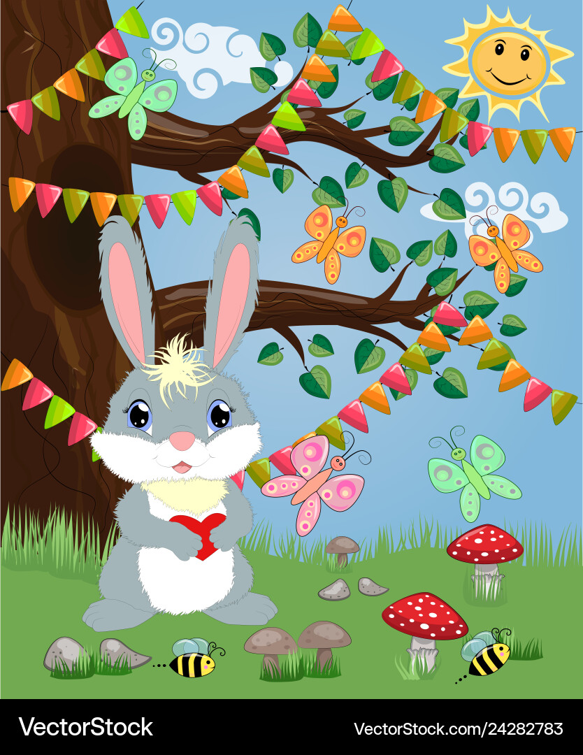 Bunny with a heart in a forest glade spring Vector Image