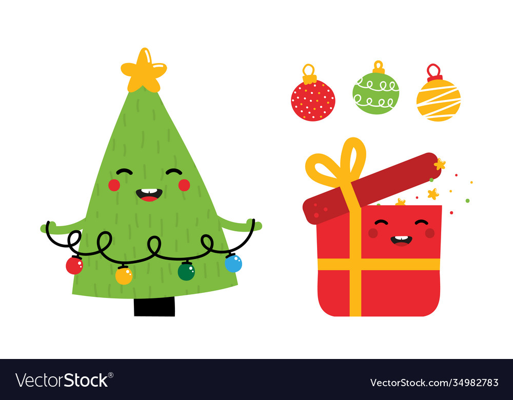 Cute Cartoon Christmas Tree With Presents