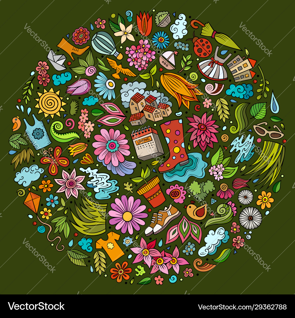 Colorful hand drawn set spring cartoon Royalty Free Vector
