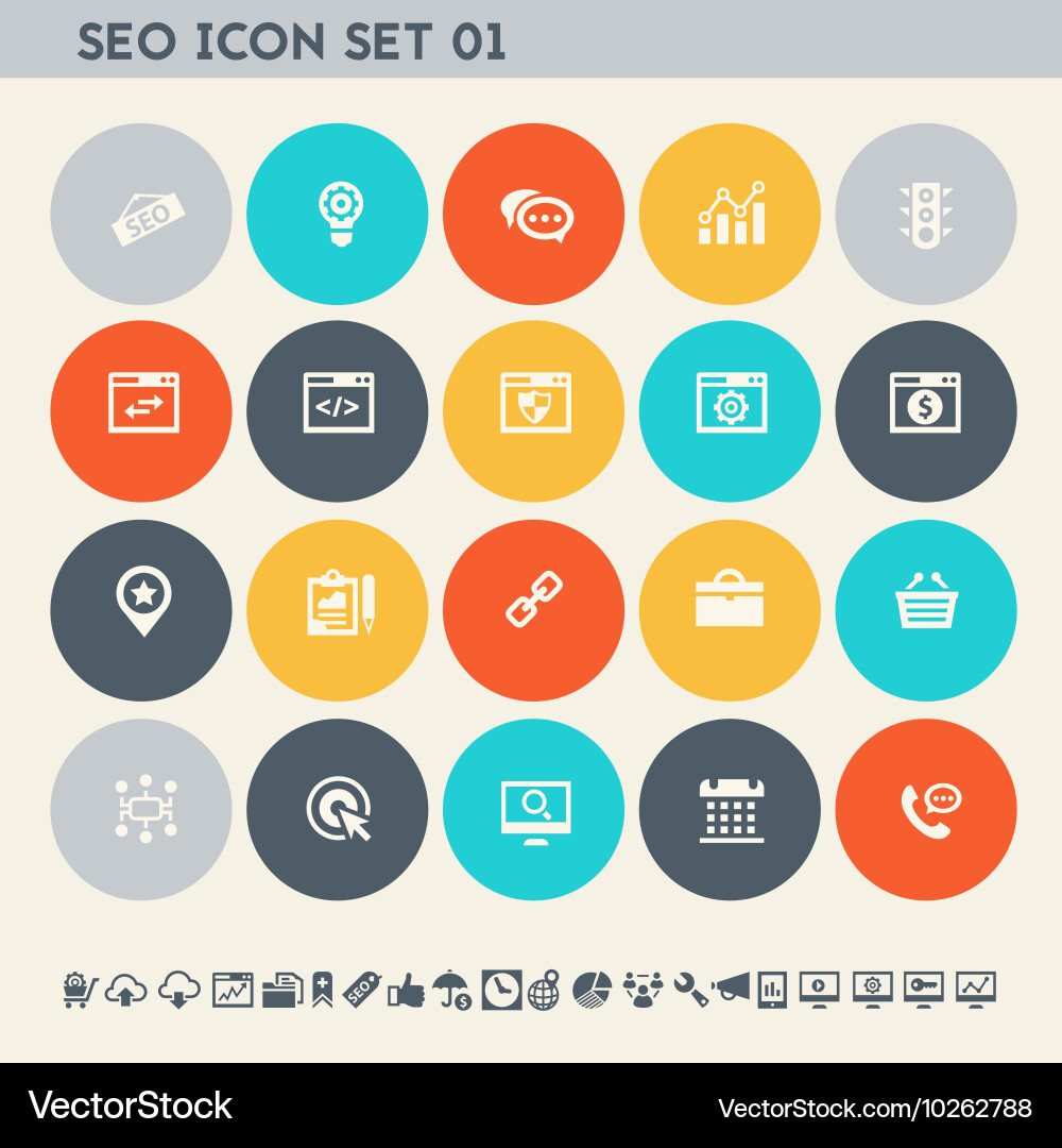 Seo icons set 1 multicolored square flat buttons Vector Image