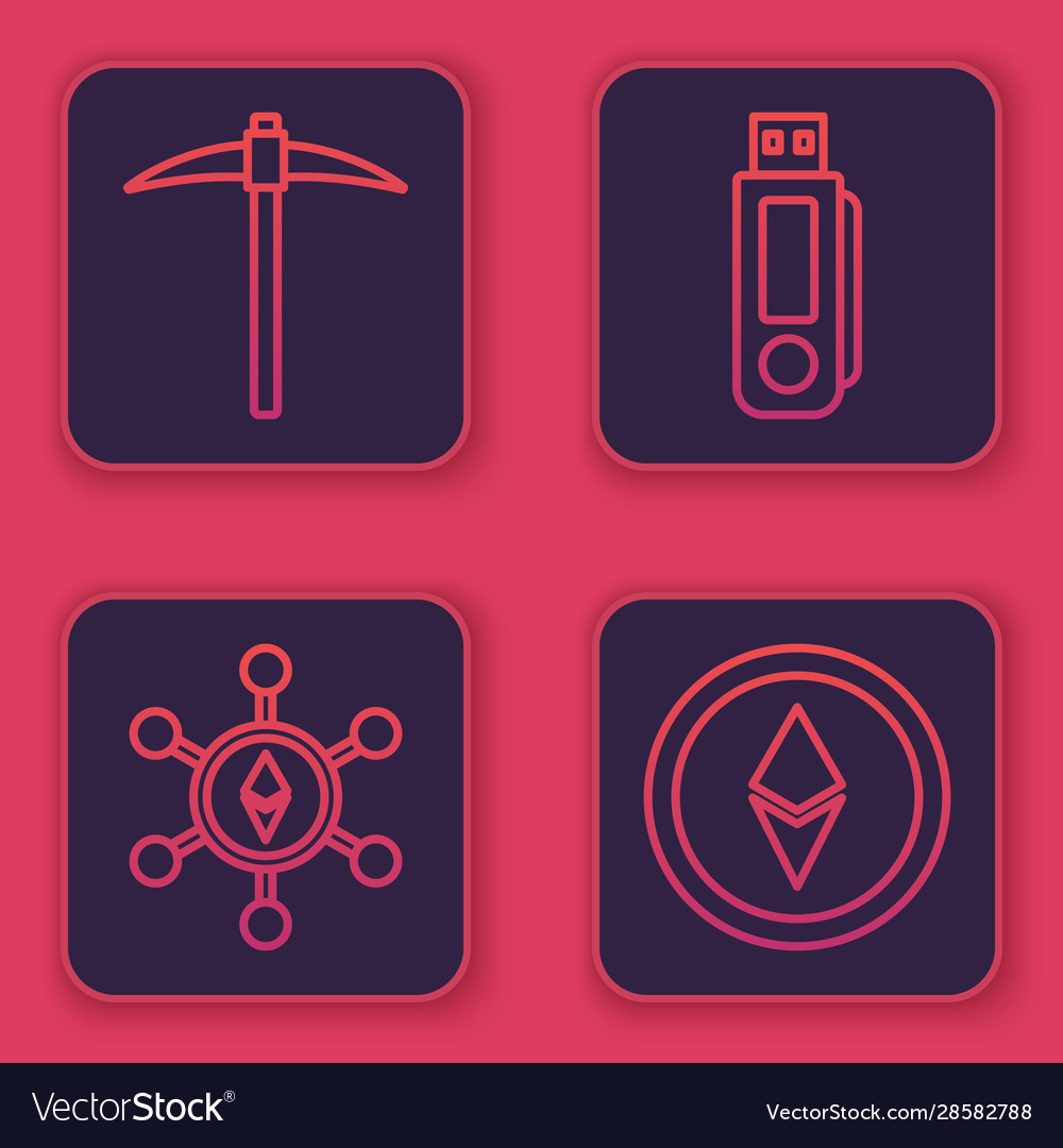 Set line pickaxe blockchain technology ethereum Vector Image