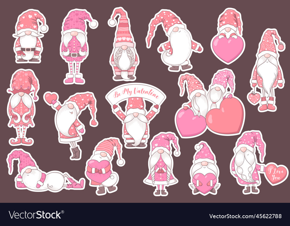 Valentines day gnomes stickers collection Vector Image