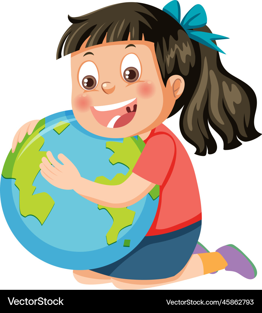 Happy girl hugging earth globe Royalty Free Vector Image