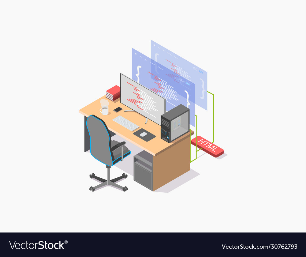 Isometric a programmers workplace computer Vector Image