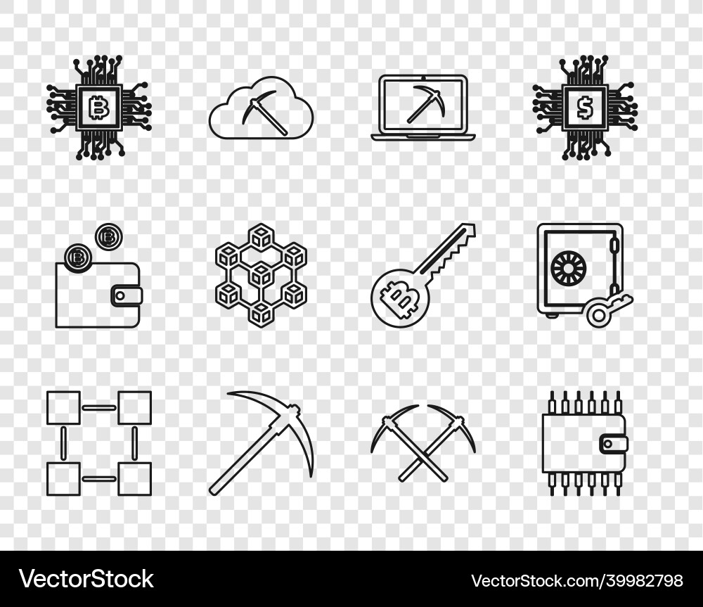 Set line blockchain technology cryptocurrency Vector Image