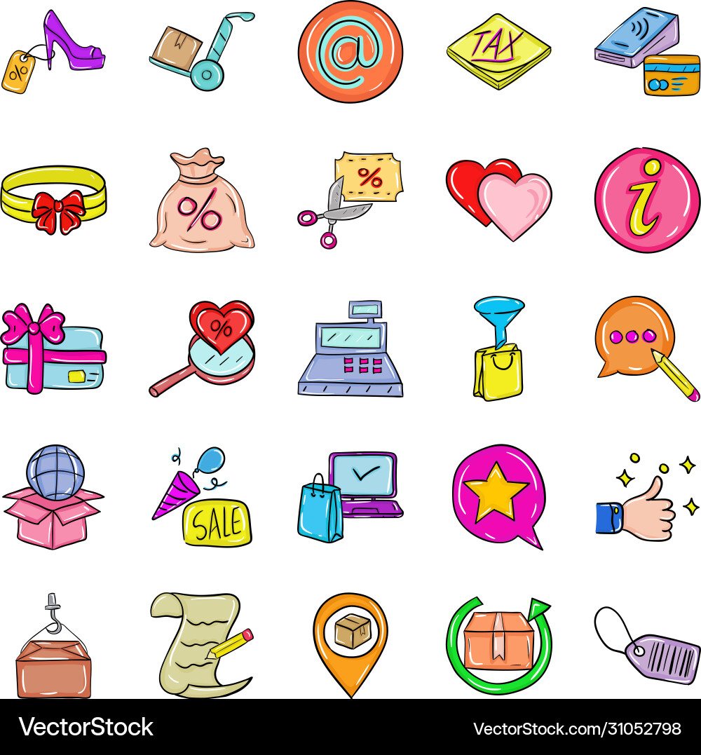 Shopping and commerce doodle icons pack Royalty Free Vector