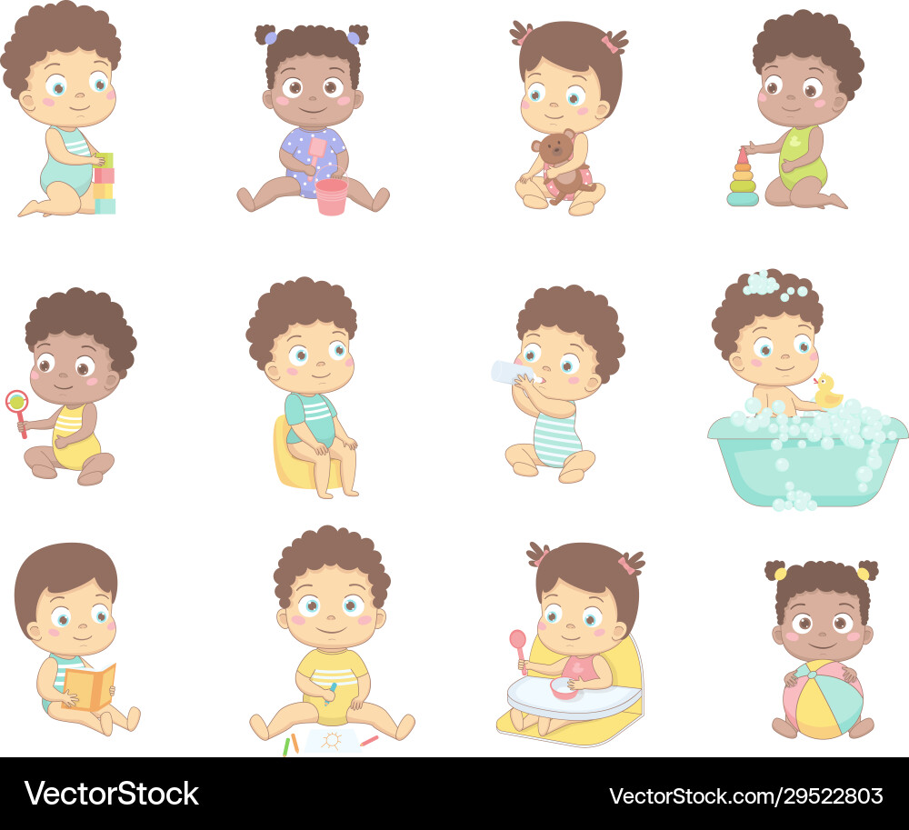 Cute babies draw with pencils play cubes Vector Image