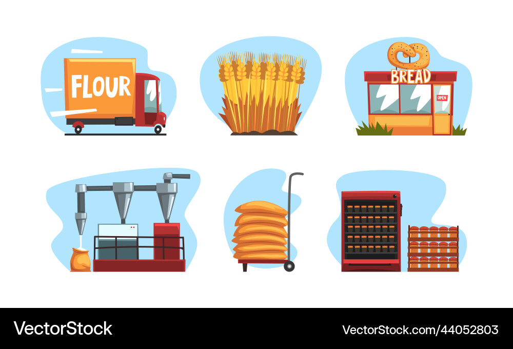 Flour and bread production set wheat harvesting Vector Image